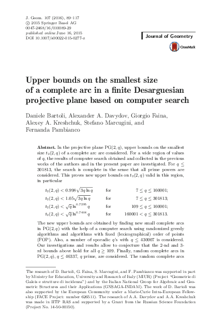 (PDF) Upper bounds on the smallest size of a complete arc in a finite Desarguesian projective ...