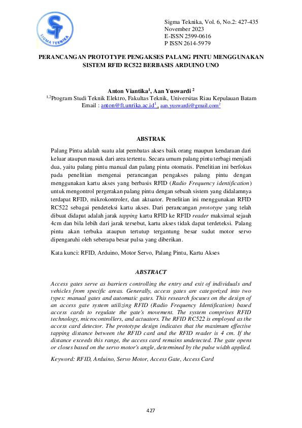 (PDF) Perancangan Prototype Pengakses Palang Pintu Menggunakan Sistem ...