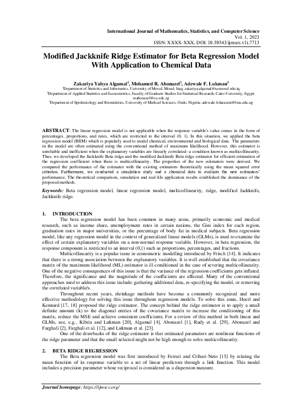 (PDF) Modified Jackknife Ridge Estimator for Beta Regression Model With Application to Chemical Data