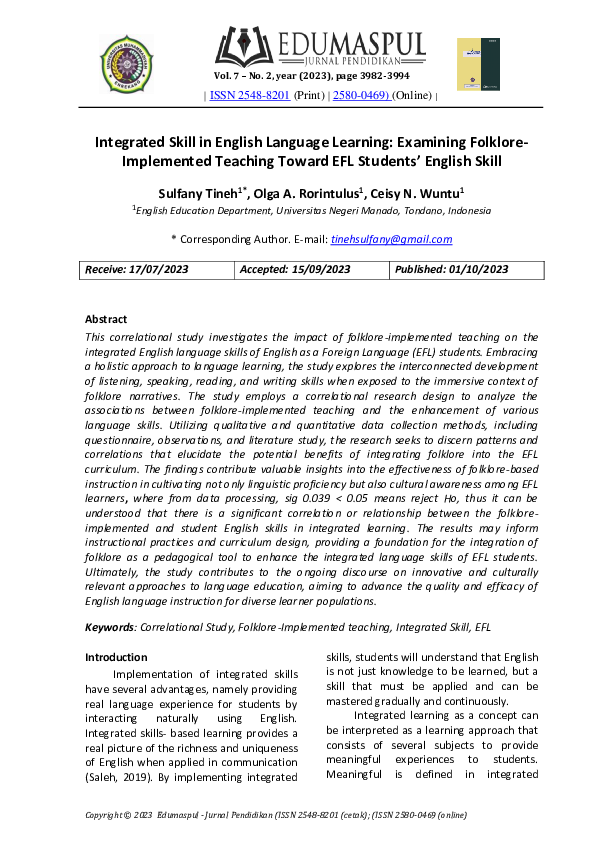 (PDF) Integrated Skill in English Language Learning: Examining Folklore-Implemented Teaching ...