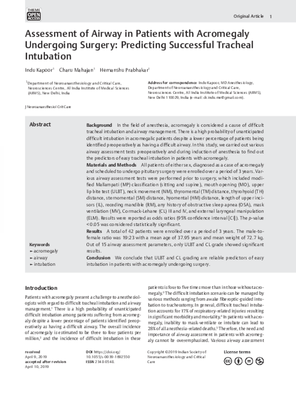 (PDF) Assessment of Airway in Patients with Acromegaly Undergoing ...