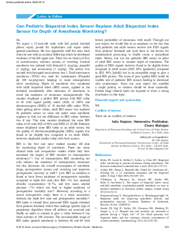 (PDF) Can pediatric bispectral index sensor replace adult bispectral ...