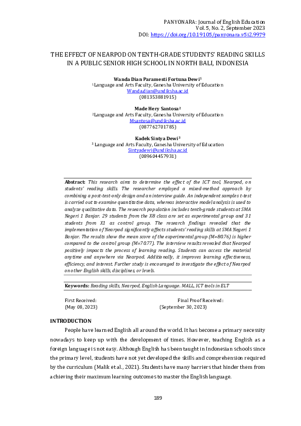 (PDF) The Effect of Nearpod Toward Tenth-Grade Students’ Reading Skill ...