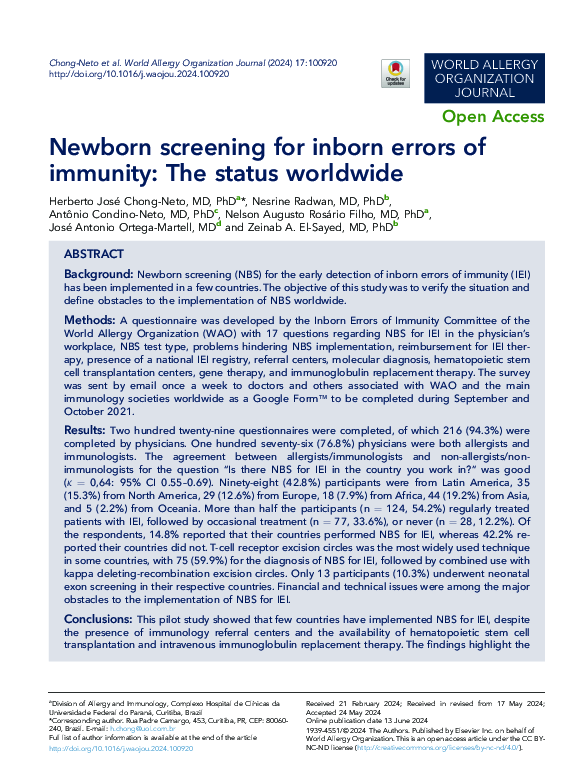 (PDF) Newborn screening for inborn errors of immunity: The status worldwide