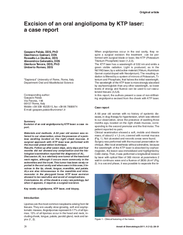 (PDF) Excision of an oral angiolipoma by KTP laser: a case report