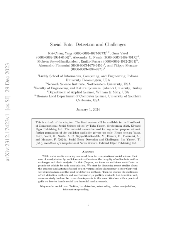 Pdf Social Bots Detection And Challenges