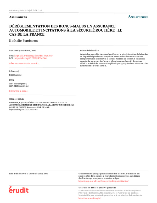 (PDF) DÉRÉGLEMENTATION DES BONUS-MALUS EN ASSURANCE AUTOMOBILE ET INCITATIONS À LA SÉCURITÉ ...