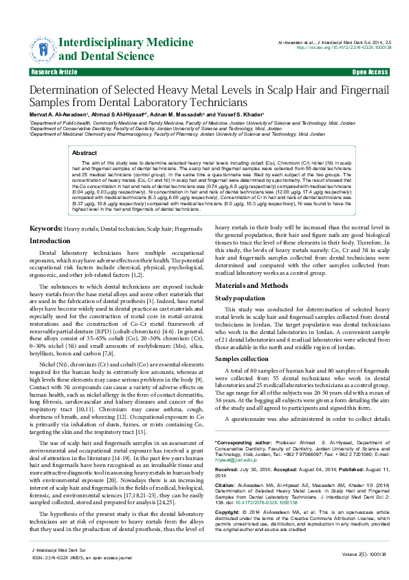 (PDF) Determination of Selected Heavy Metal Levels in Scalp Hair and ...