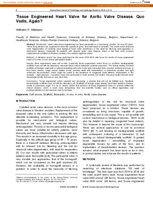 (PDF) Tissue Engineered Heart Valve for Aortic Valve Disease. Quo Vadis ...