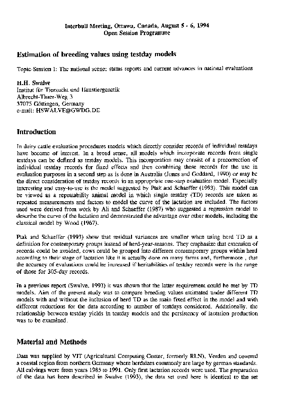 Pdf Estimation Of Breeding Values Using Testday Models