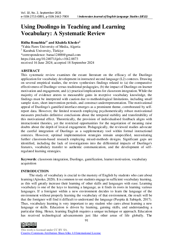 (PDF) Using Duolingo in Teaching and Learning Vocabulary: A Systematic ...