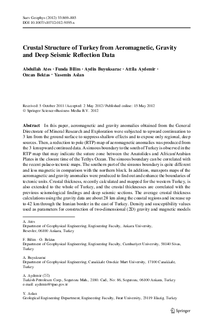 (PDF) Crustal Structure of Turkey from Aeromagnetic, Gravity and Deep ...