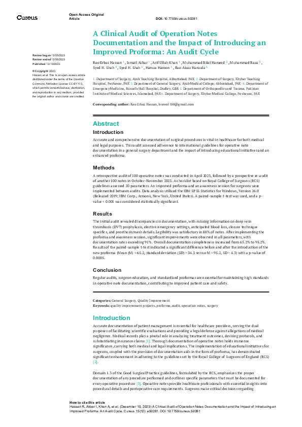 (PDF) A Clinical Audit of Operation Notes Documentation and the Impact ...