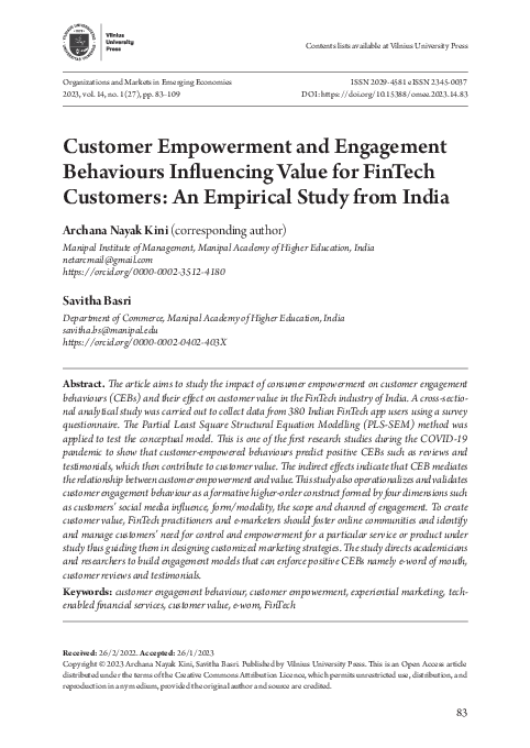 (PDF) Customer Empowerment and Engagement Behaviours Influencing Value for FinTech Customers: An ...