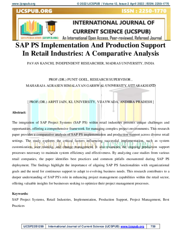 (PDF) SAP PS Implementation And Production Support In Retail Industries: A Comparative Analysis