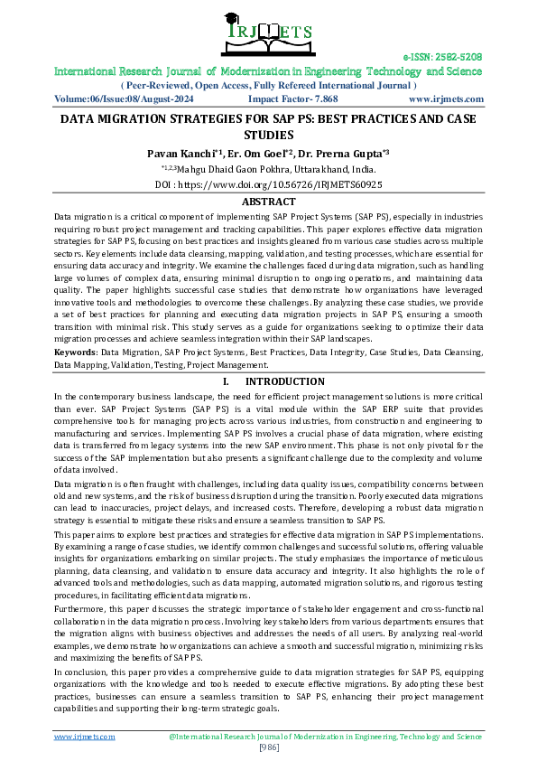 (PDF) DATA MIGRATION STRATEGIES FOR SAP PS: BEST PRACTICES AND CASE STUDIES