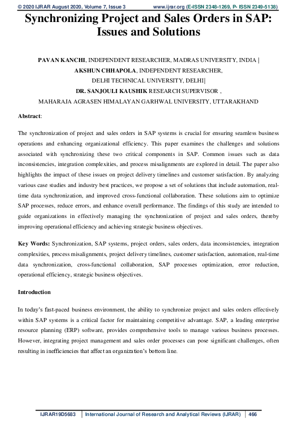 (PDF) Synchronizing Project and Sales Orders in SAP: Issues and Solutions