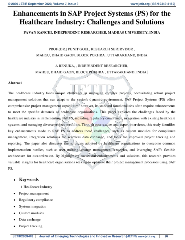 (PDF) Enhancements in SAP Project Systems (PS) for the Healthcare ...