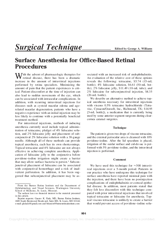 (PDF) Surface Anesthesia for Office-Based Retinal Procedures