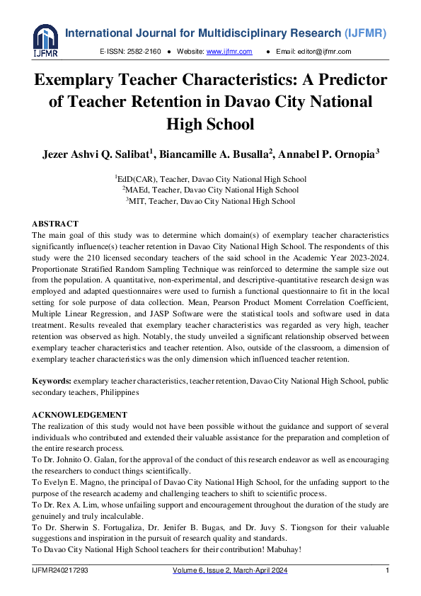 (PDF) Exemplary Teacher Traits Impact Teacher Retention in Davao City