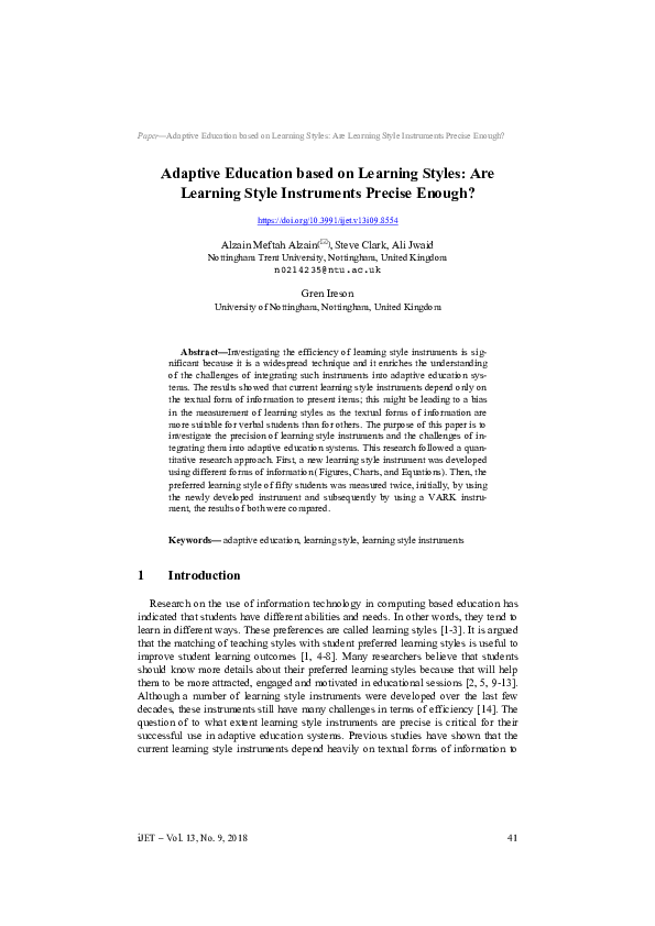 (PDF) Adaptive Education based on Learning Styles: Are Learning Style Instruments Precise Enough ...