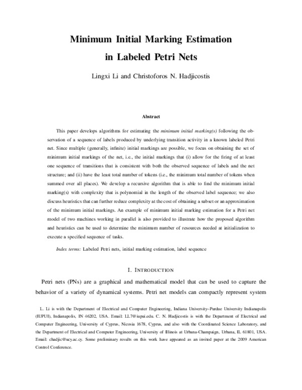 (PDF) Minimum Initial Marking Estimation in Labeled Petri Nets
