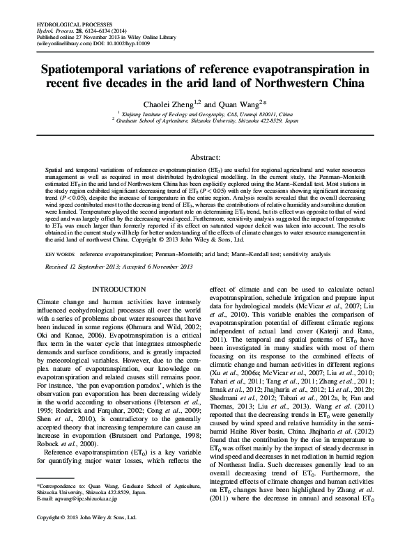 Pdf Spatiotemporal Variations Of Reference Evapotranspiration In Recent Five Decades In The