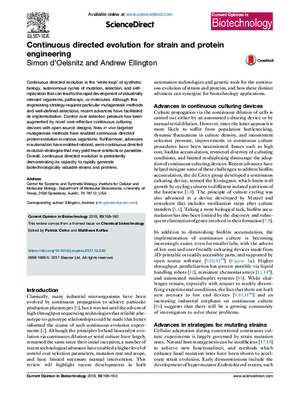(PDF) Continuous directed evolution for strain and protein engineering