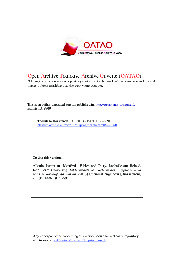 (PDF) Converting DAE Models to ODE Models: Application to Reactive ...