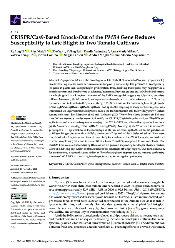 (PDF) CRISPR/Cas9-Based Knock-Out of the PMR4 Gene Reduces Susceptibility to Late Blight in Two ...