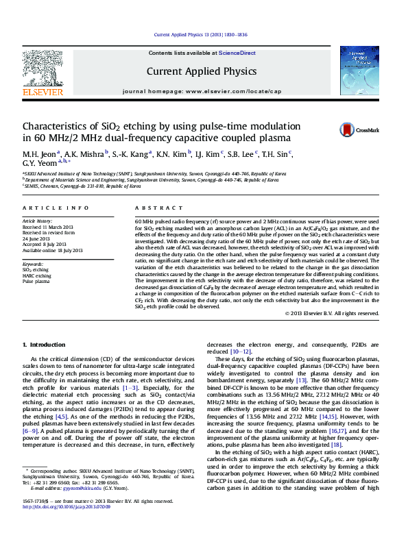 (PDF) Characteristics of SiO2 etching by using pulse-time modulation in 60 MHz/2 MHz dual ...