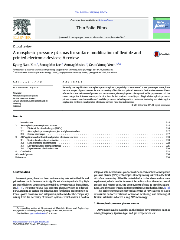 (PDF) Atmospheric pressure plasmas for surface modification of flexible ...