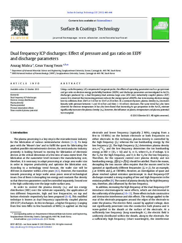 (PDF) Dual frequency ICP discharges: Effect of pressure and gas ratio ...