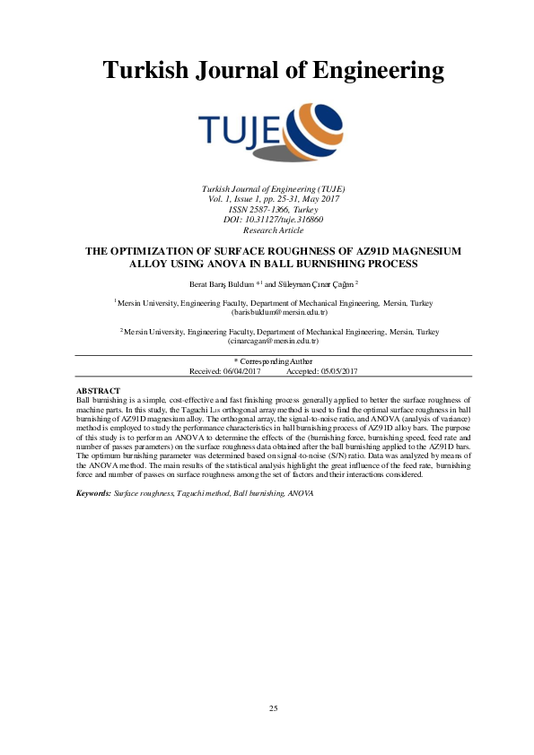 Pdf The Optimization Of Surface Roughness Of Az91d Magnesium Alloy Using Anova In Ball