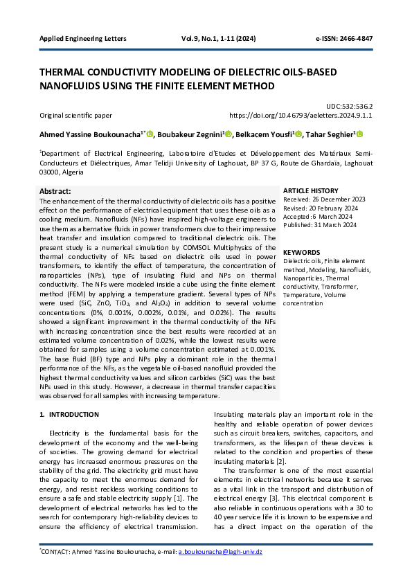 (PDF) Thermal Conductivity Modeling of Dielectric Oils-Based Nanofluids Using the Finite Element ...