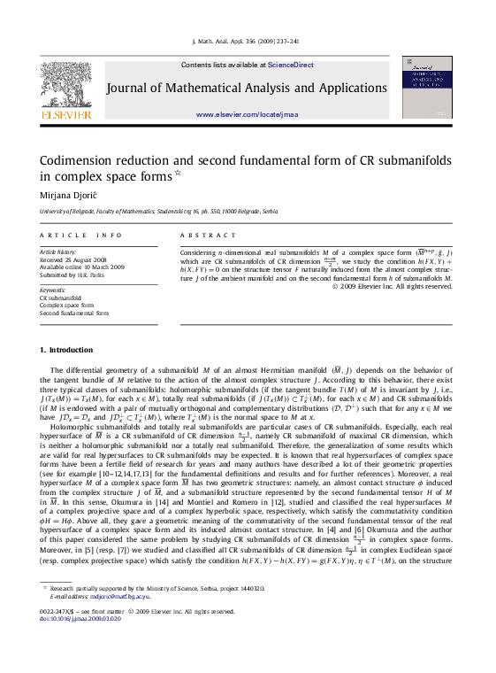 (PDF) Codimension reduction and second fundamental form of CR submanifolds in complex space ...
