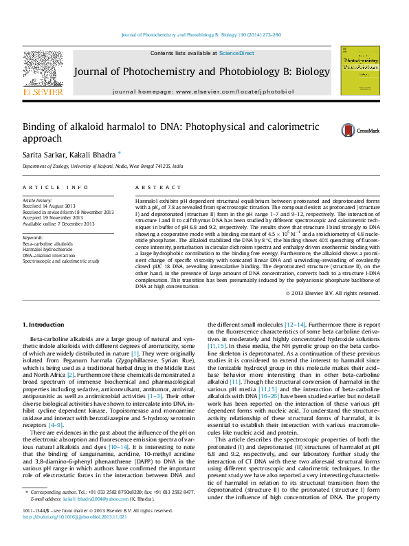 (PDF) Binding of alkaloid harmalol to DNA: Photophysical and ...