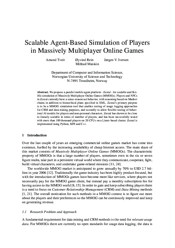 Pdf Scalable Agent Based Simulation Of Players In Massively