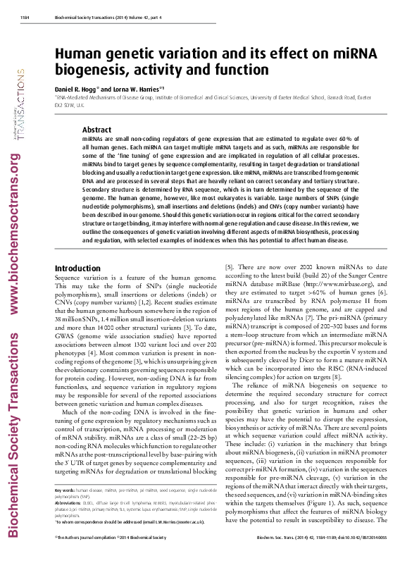 (PDF) Human genetic variation and its effect on miRNA biogenesis, activity and function | Sylvia ...