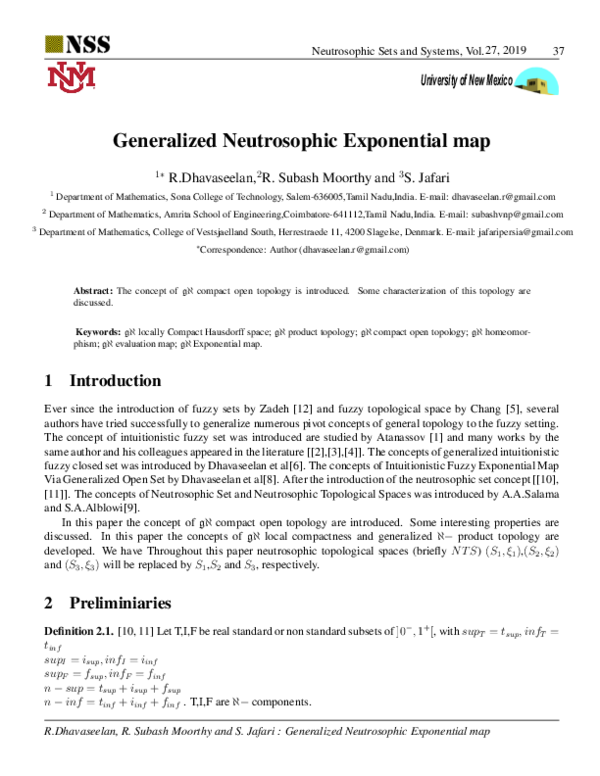 (PDF) Generalized Neutrosophic Exponential map | Saeid Jafari ...