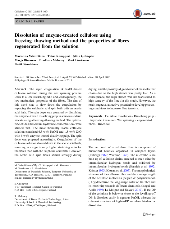 (PDF) Dissolution of enzyme-treated cellulose using freezing–thawing ...