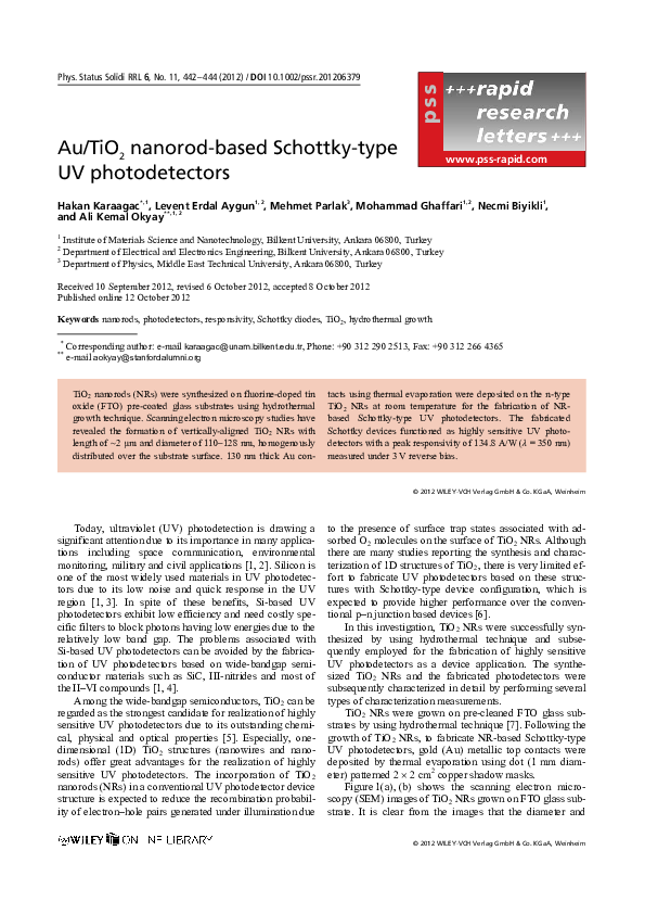 (PDF) Au/TiO2 nanorod‐based Schottky‐type UV photodetectors | Levent E ...