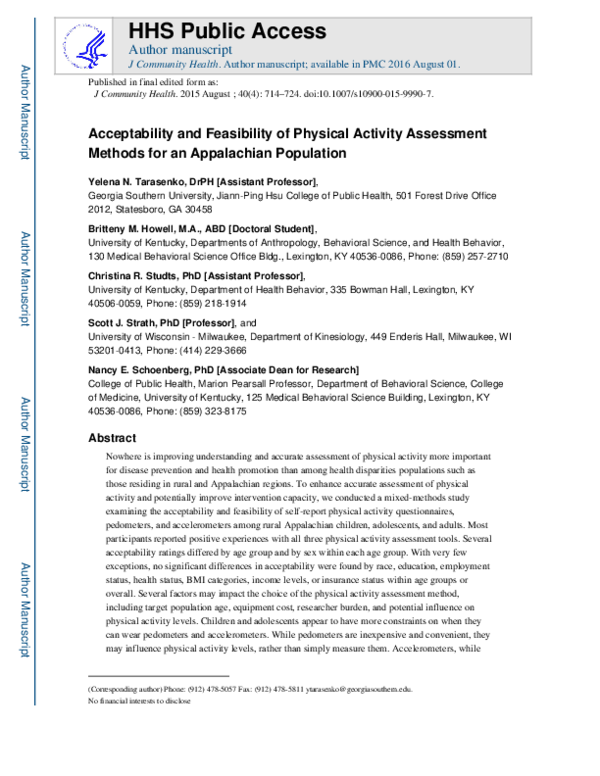 (PDF) Acceptability and Feasibility of Physical Activity Assessment Methods for an Appalachian ...