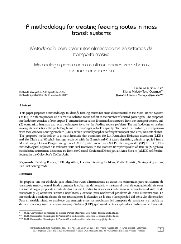 (PDF) Metodología para crear rutas alimentadoras en sistemas de transporte masivo