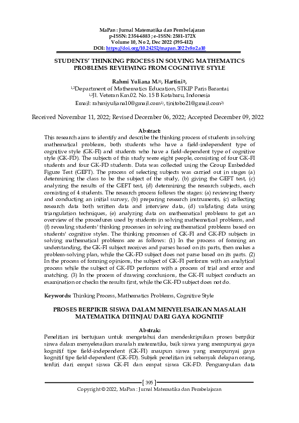 (PDF) Students’ Thinking Process in Solving Mathematics Problems ...
