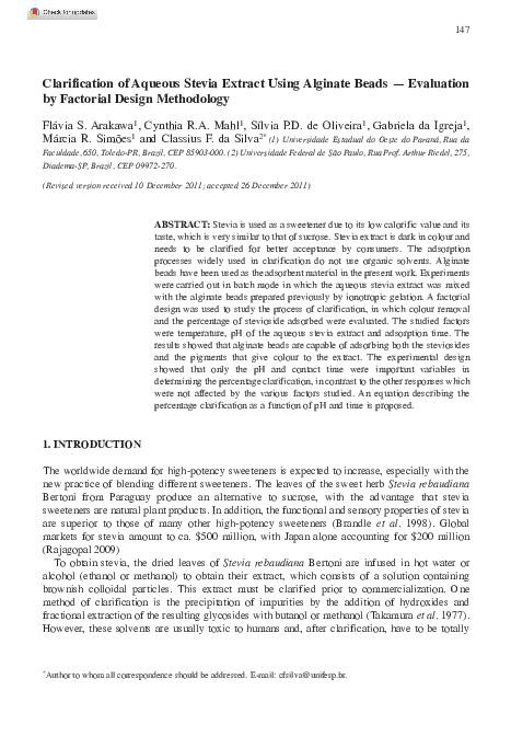 Pdf Clarification Of Aqueous Stevia Extract Using Alginate Beads — Evaluation By Factorial