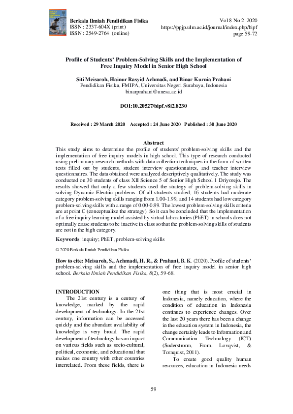 (PDF) Profile of Students’ Problem Solving Skills and Implementation Free Inquiry Model in ...