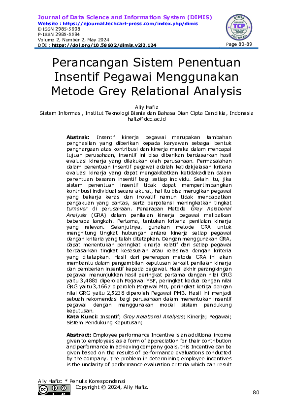 (PDF) Perancangan Sistem Penentuan Insentif Pegawai Menggunakan Metode Grey Relational Analysis