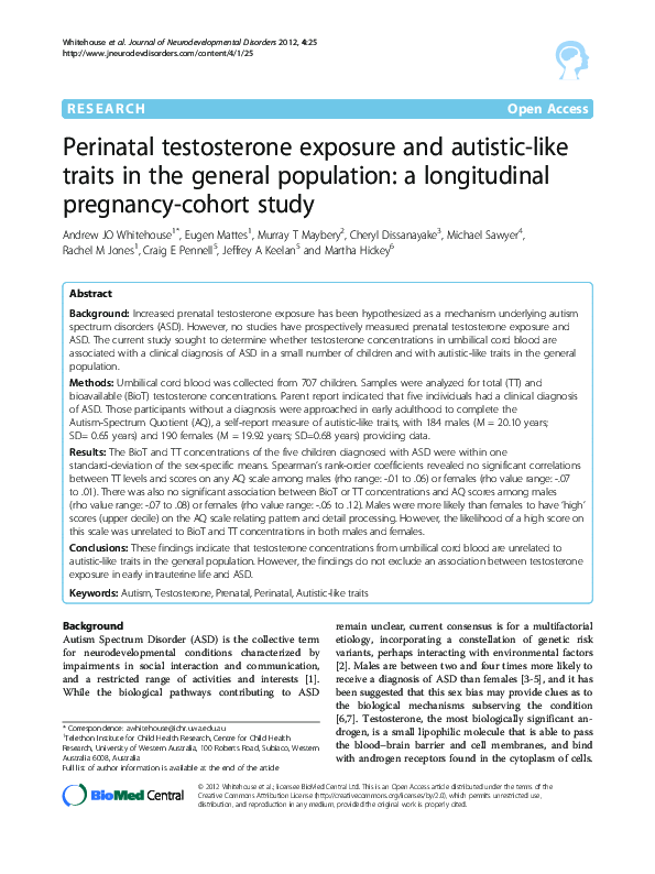 (PDF) Perinatal testosterone exposure and autistic-like traits in the ...