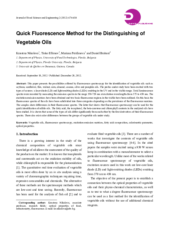 (PDF) Quick Fluorescence Method for the Distinguishing of Vegetable Oils